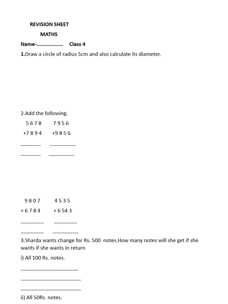 Class 4 Maths Revision Exercises | PDF
