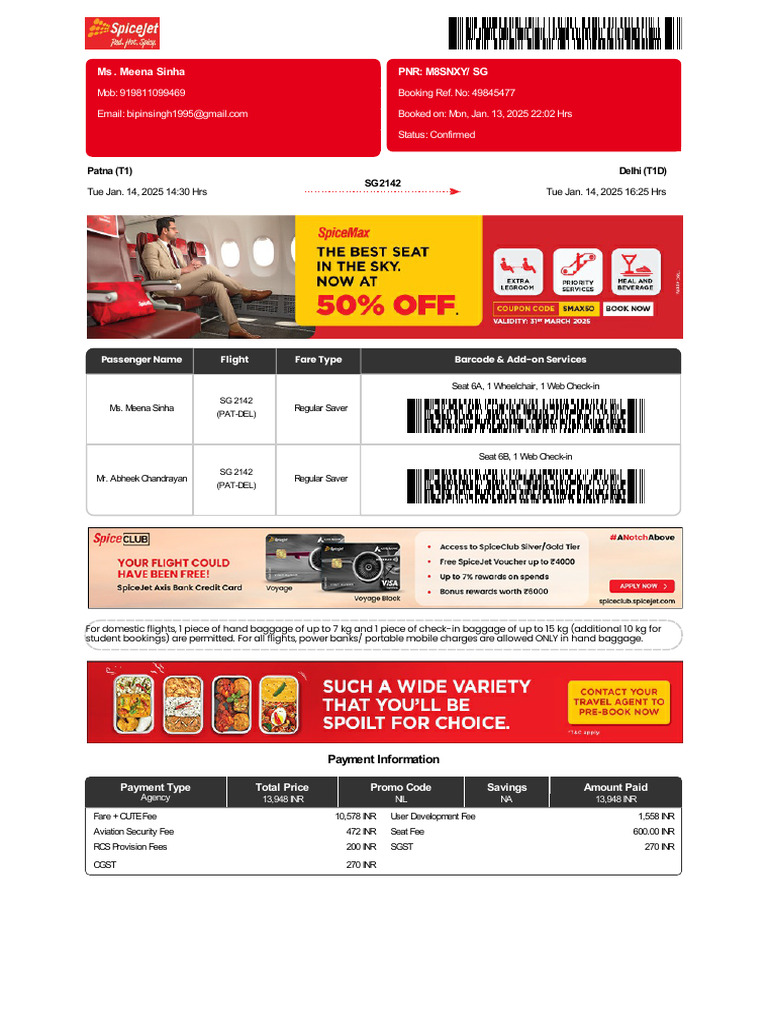 SpiceJet - E-Ticket - PNR - M8SNXY 14 Jan 2025 Patna-Delhi For MR ...