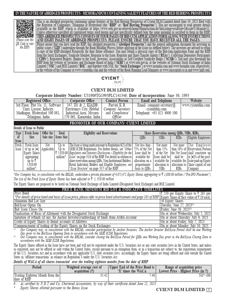 Cyient DLM Limited Abridged Prospectus | PDF | Stocks | Depreciation