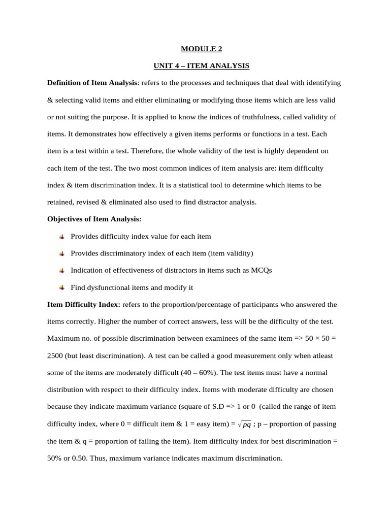 Module 3 - Unit 4 - Item Analysis | PDF | Multiple Choice