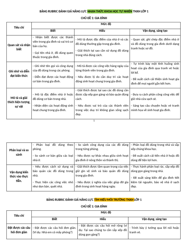 BẢNG RUBRIC TNXH LỚP 1 | PDF