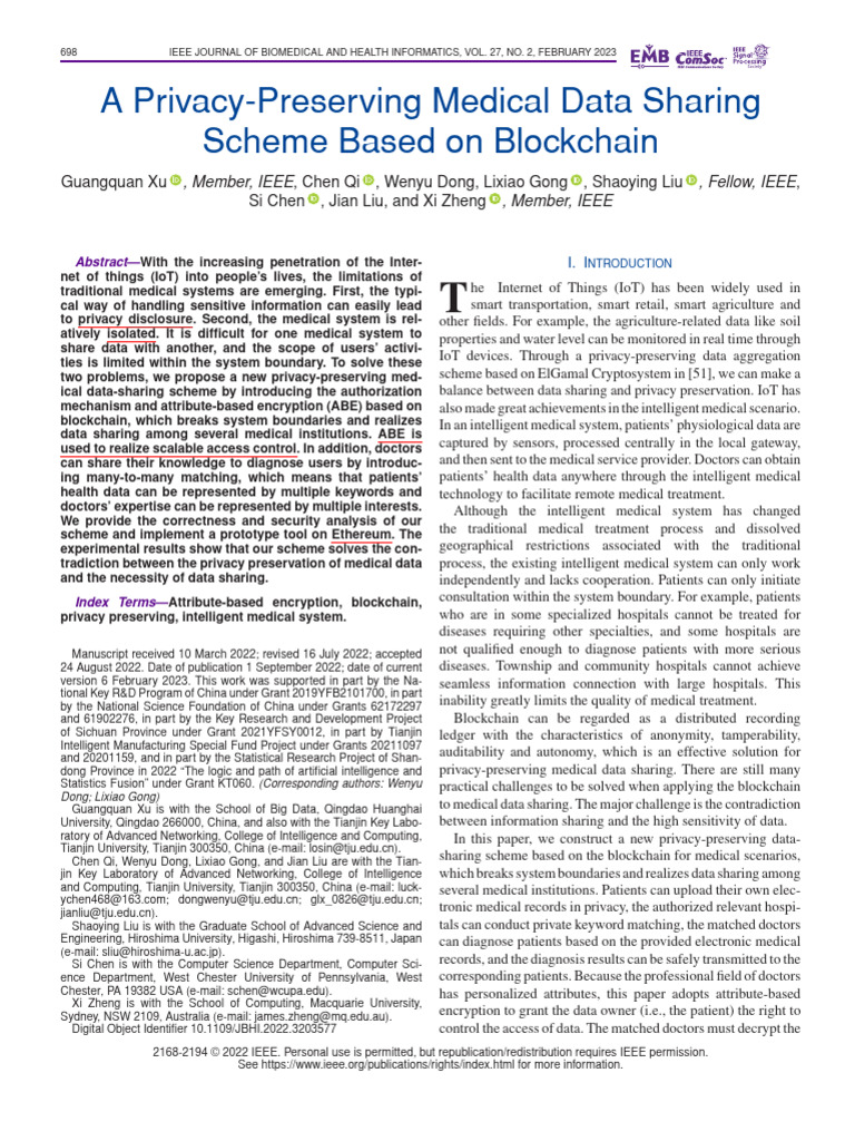 Xu 等 - 2023 - A Privacy-Preserving Medical Data Sharing Scheme B | PDF | Encryption | Privacy