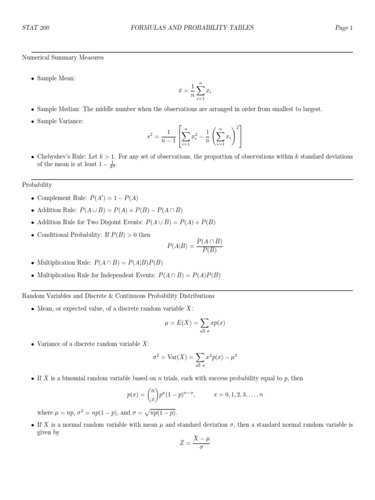 STAT 315 - Formulas and Probability Tables | PDF | Variance | Sample Size Determination