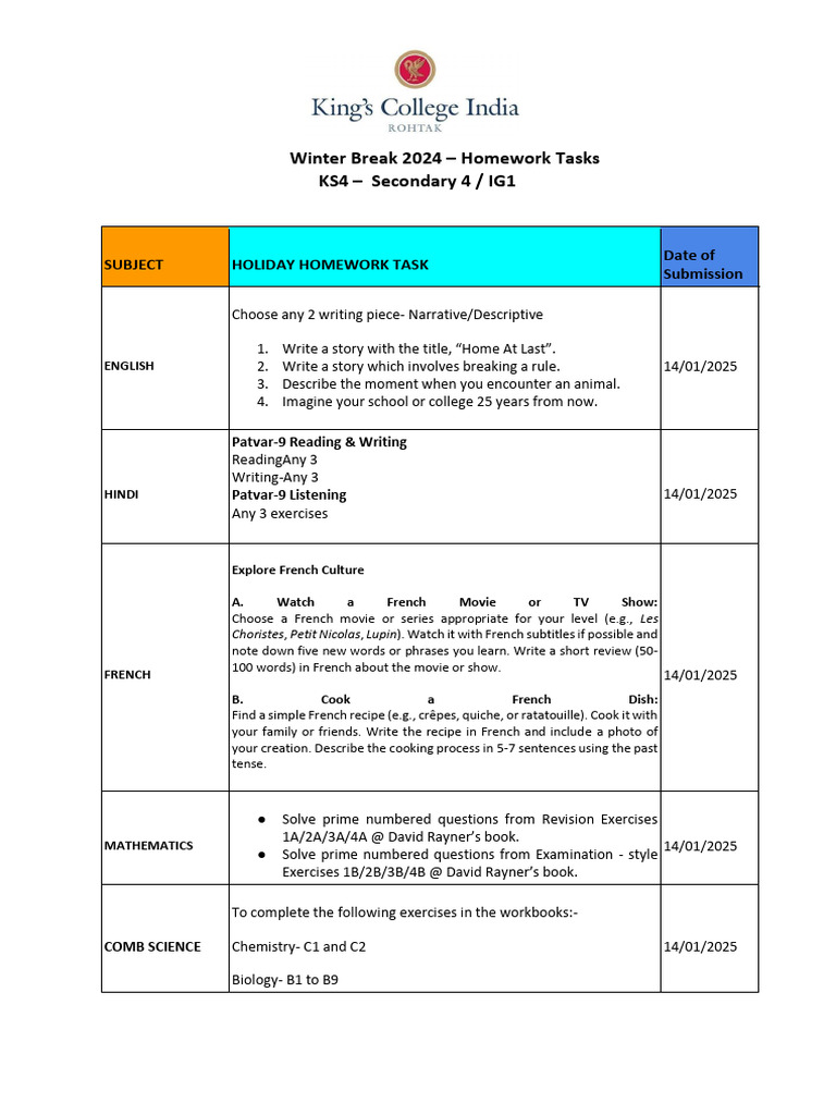 Winter Break 2024 Homework Tasks | PDF