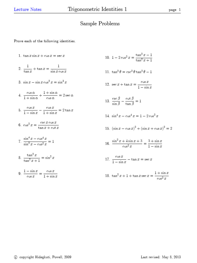 Trigonometric Identities Practice Problems | PDF | Trigonometric Functions | Angle