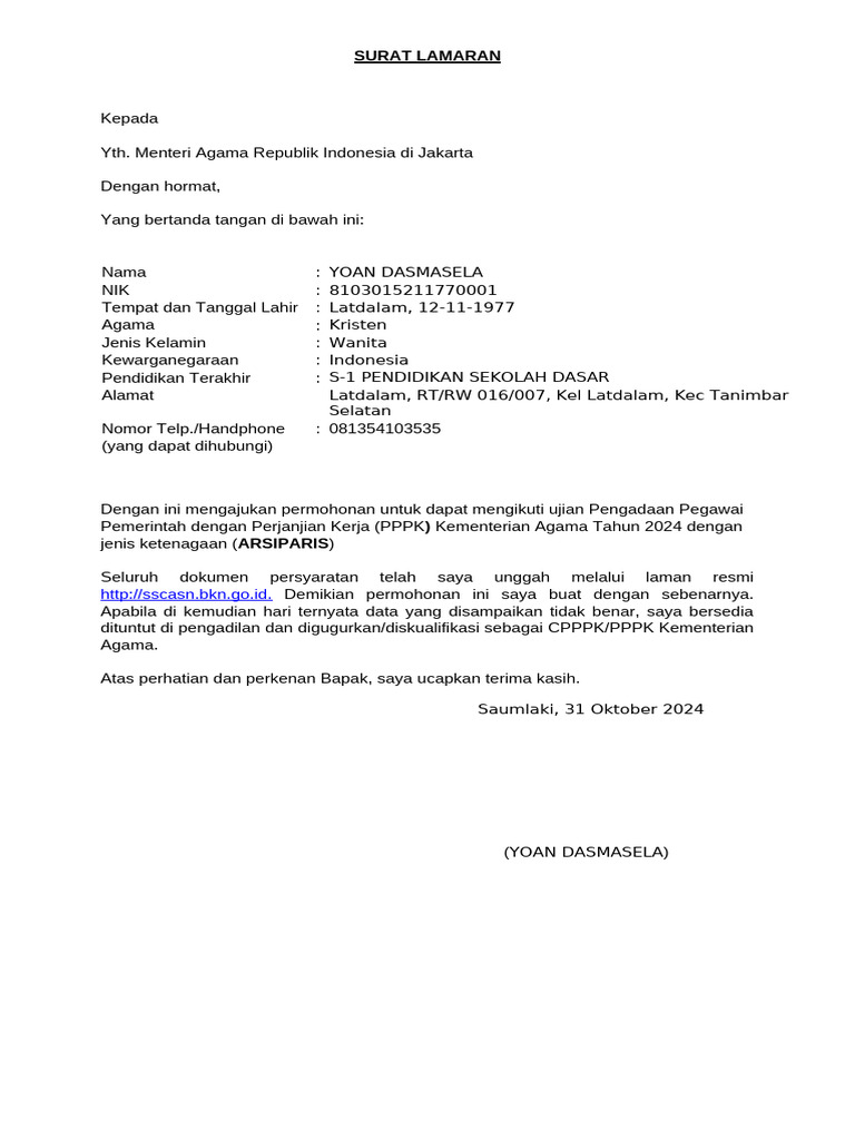 Surat Lamaran Yoan Dasmasela | PDF