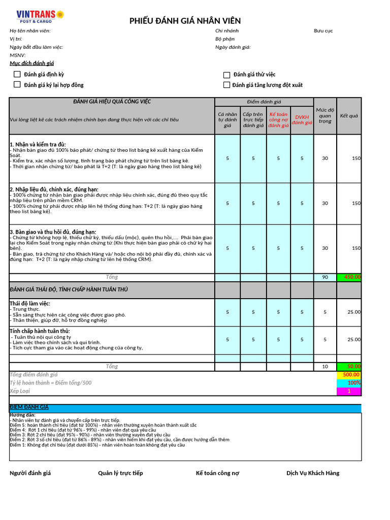 F01-DG-NS_Bieu Mau Danh Gia KPI Cua Bo Phan Chung Tu_Vintrans_V1 | PDF