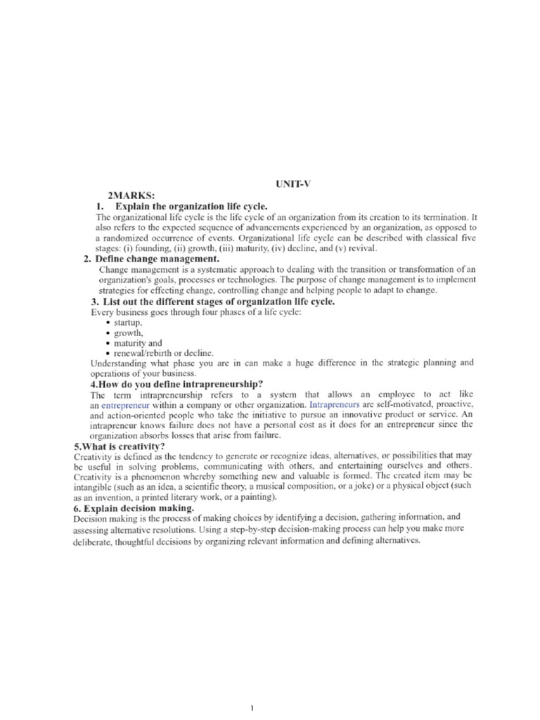 Organisational Design, Change and Development 2 Mark - Unit 5 | PDF