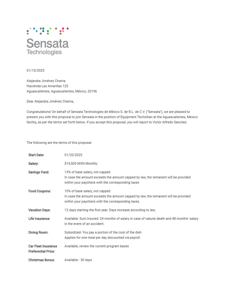 Offer Letter - Aguas, MX - Exempt 2025-01-10 | PDF | Payroll | Employment