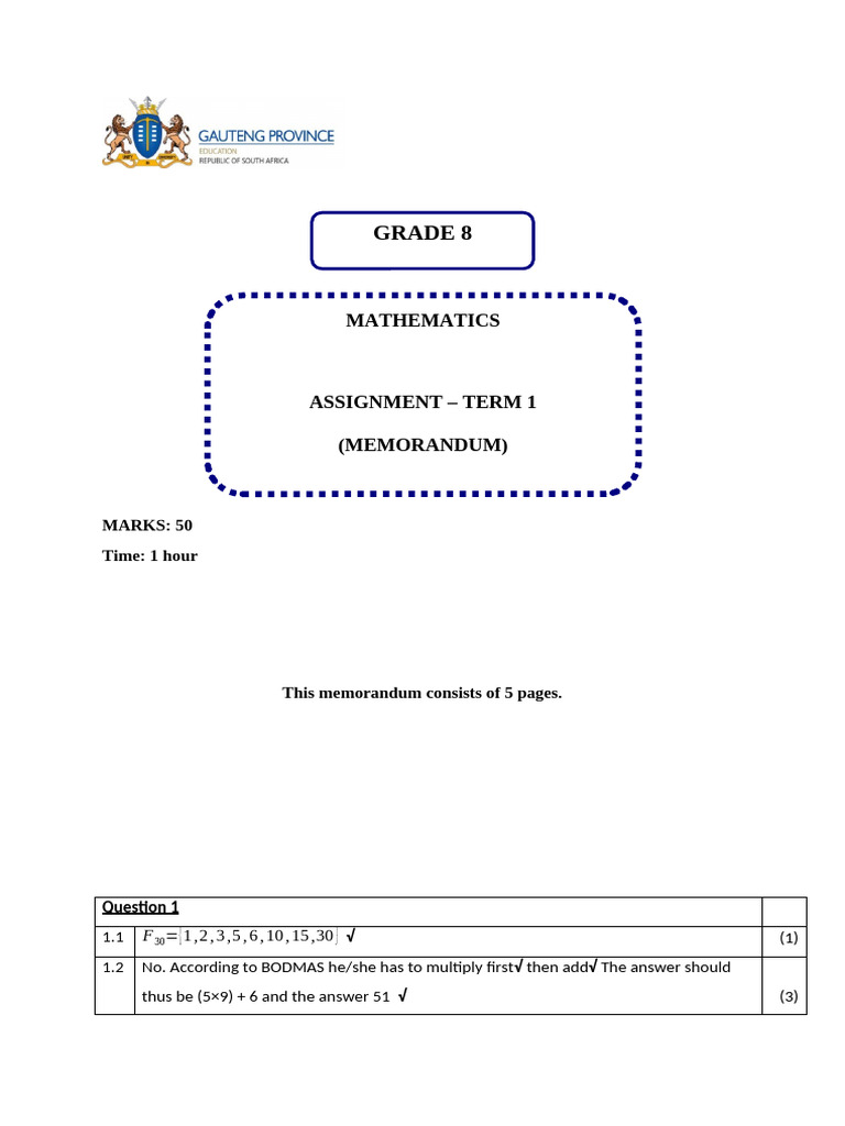 GR 8 Maths Term 1 Assignment Memo | PDF | Elementary Mathematics | Numbers