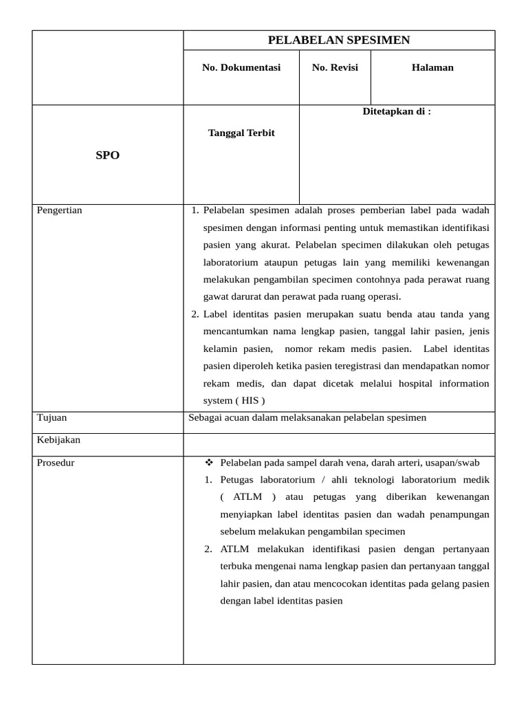 Prosedur Pelabelan Spesimen Medis | PDF