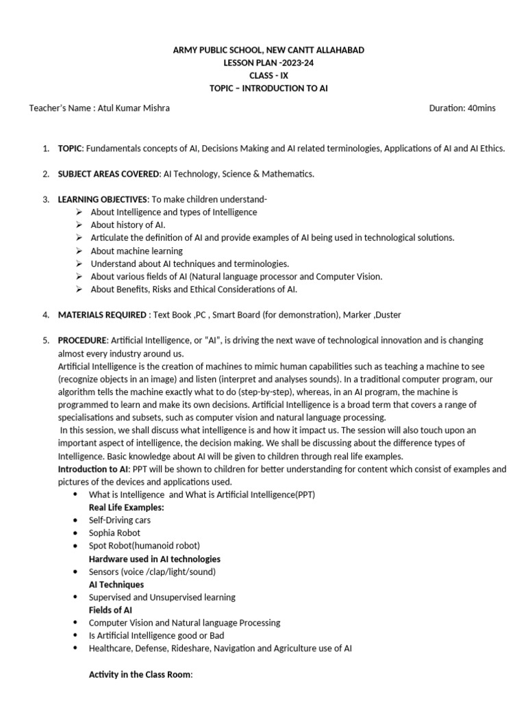 Lesson Plan Class 9 Introduction To AI | PDF | Artificial Intelligence ...