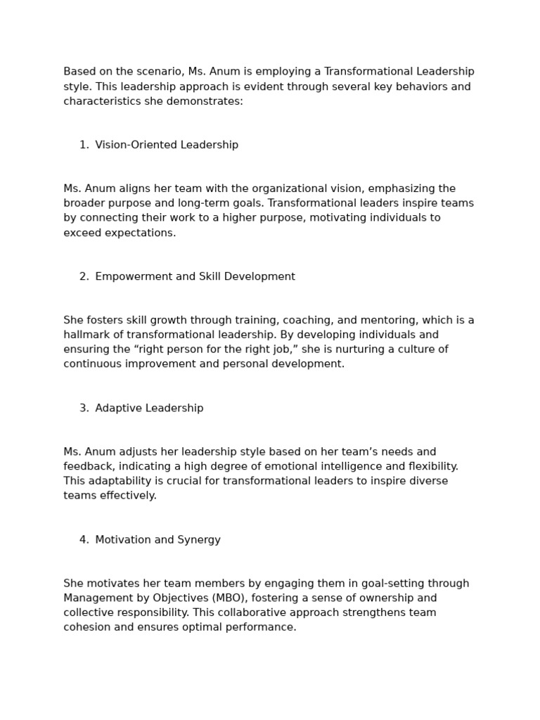 Transformational Leadership Traits of Ms. Anum | PDF