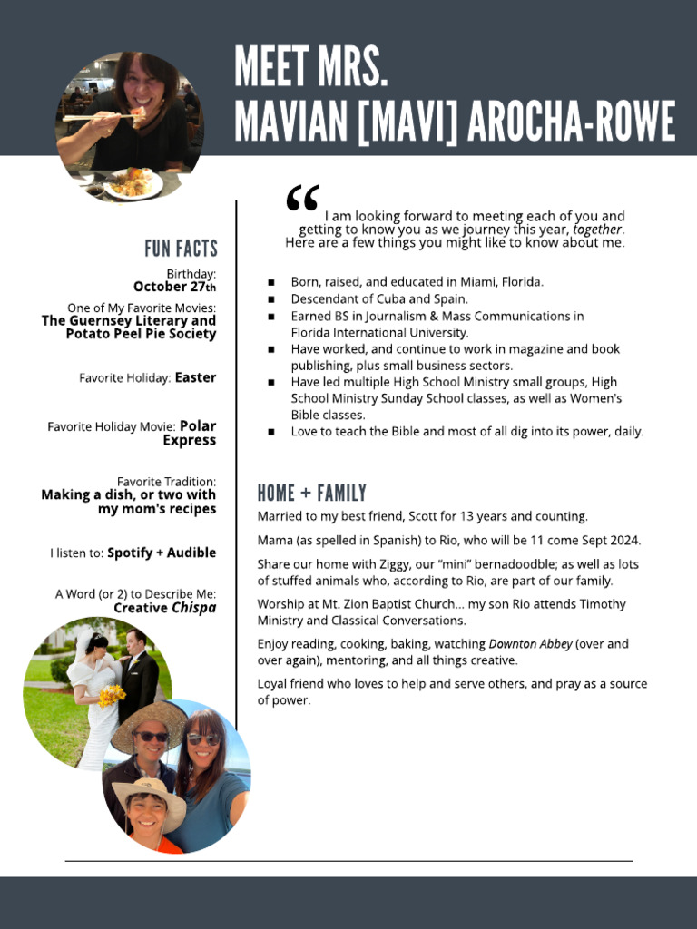 Meet The Teacher - Mavian (Mavi) Arocha-Rowe - 2024-2025 | PDF