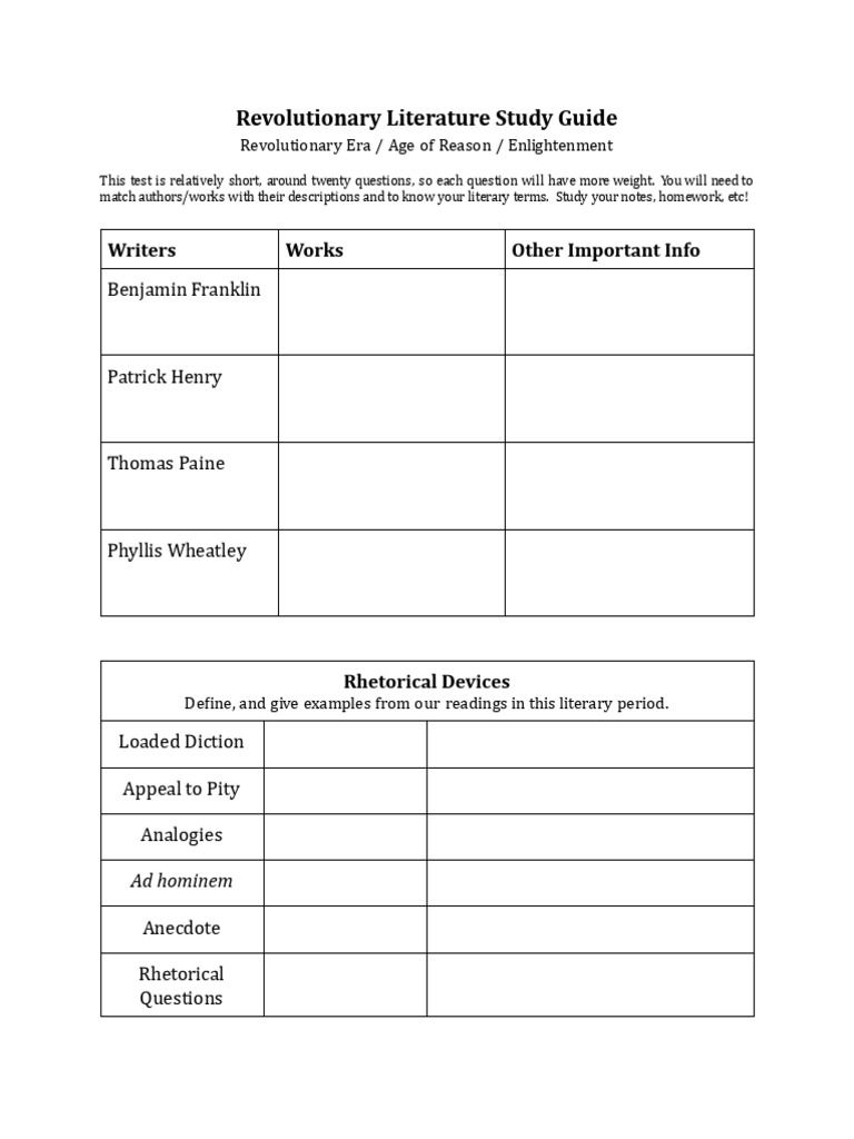 Revolutionary Literature Study Guide | PDF