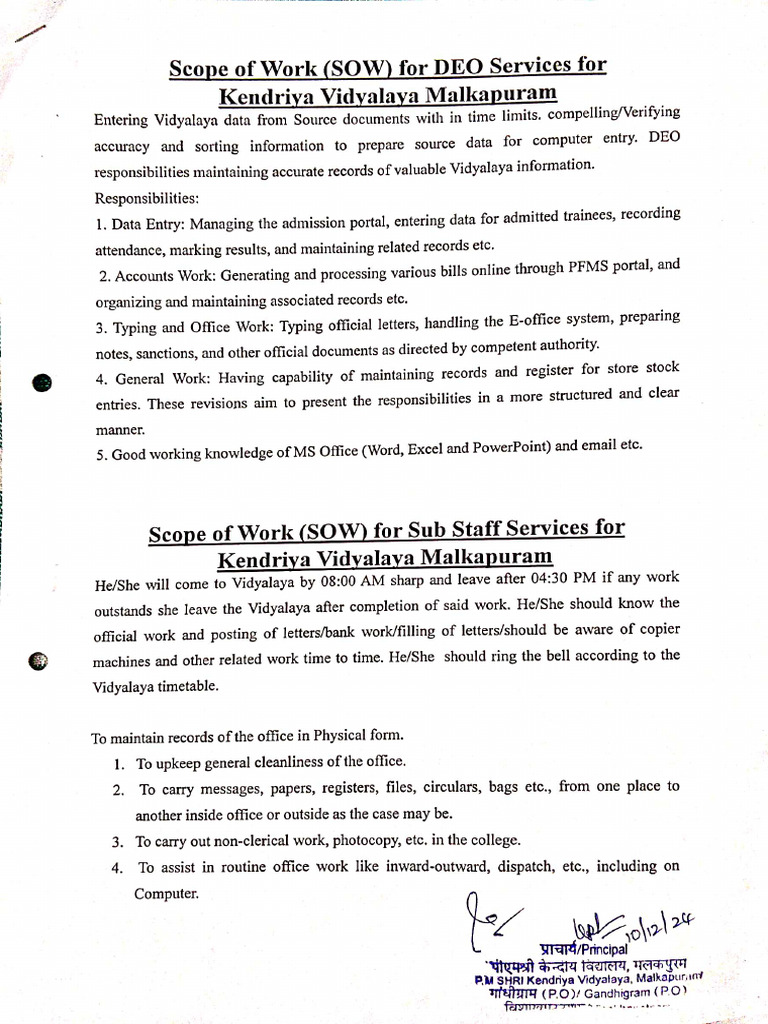 Scope of Work Deo Sub-staff | PDF