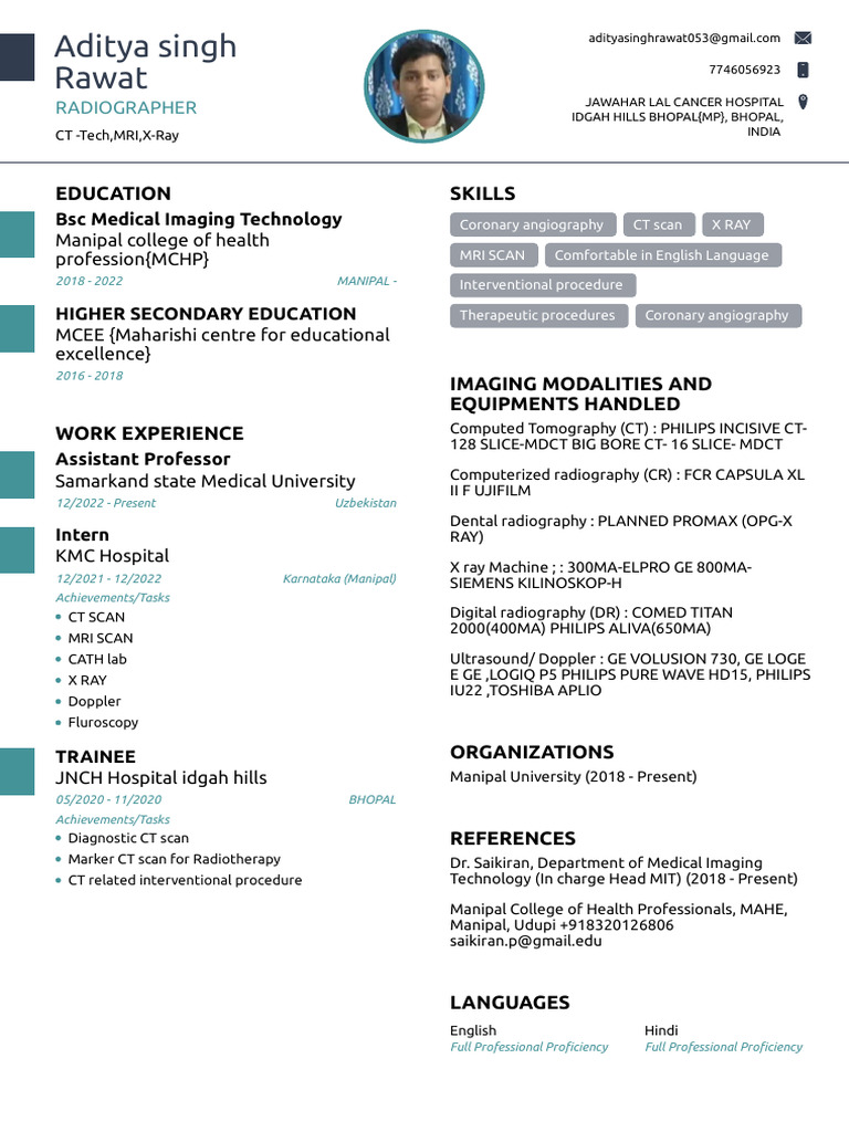 Aditya's Resume Updated | PDF | Radiography | Medical Imaging