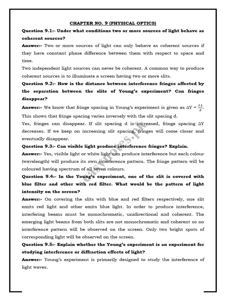 Chapter 9: Physical Optics Q&A | PDF | Coherence (Physics) | Light