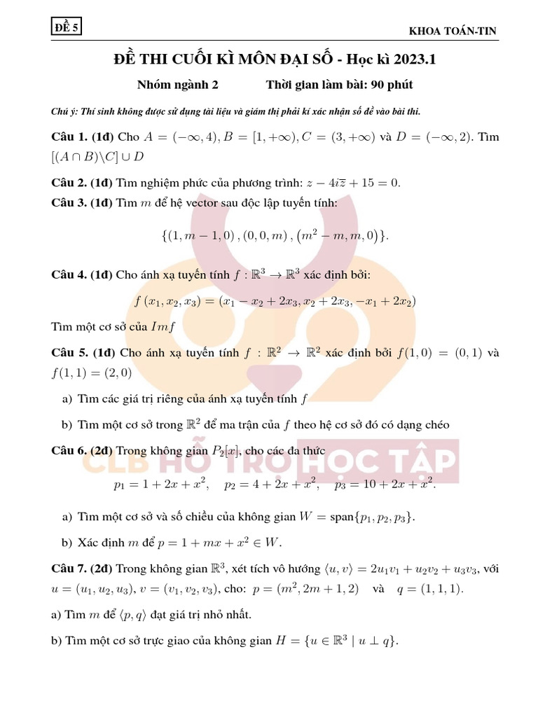 Đề Và Lời Giải Chi Tiết - Đại Số - NN2 - Cuối Kỳ 2023.1 | PDF