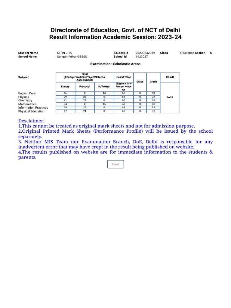 11th Class Result for Nitin Jha | PDF