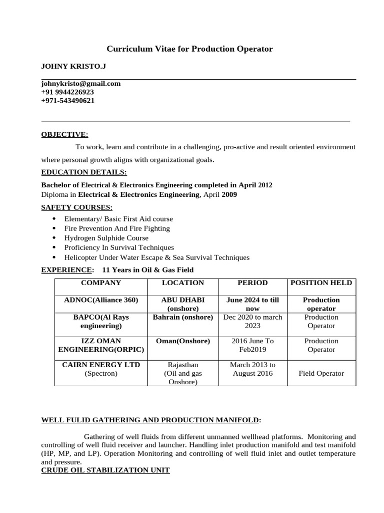 Production Operator CV - Johny Kristo | PDF | Gases | Chemical Engineering