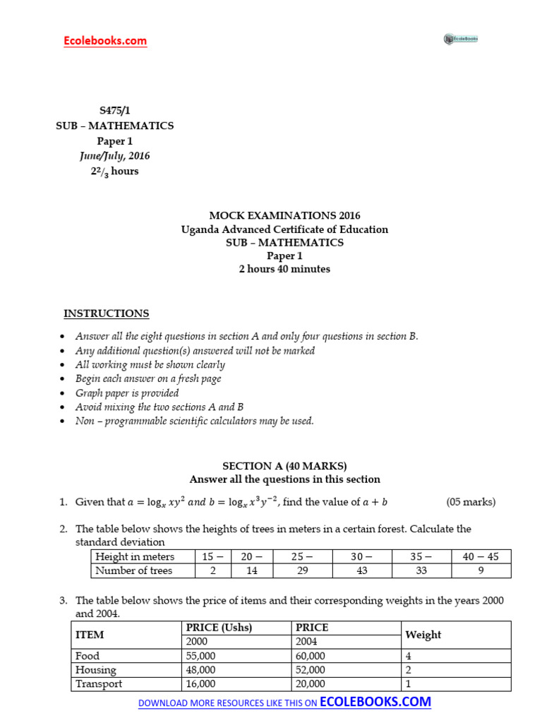 UACE Subsidiary Mathematics Past Paper | PDF | Moving Average | Mathematics