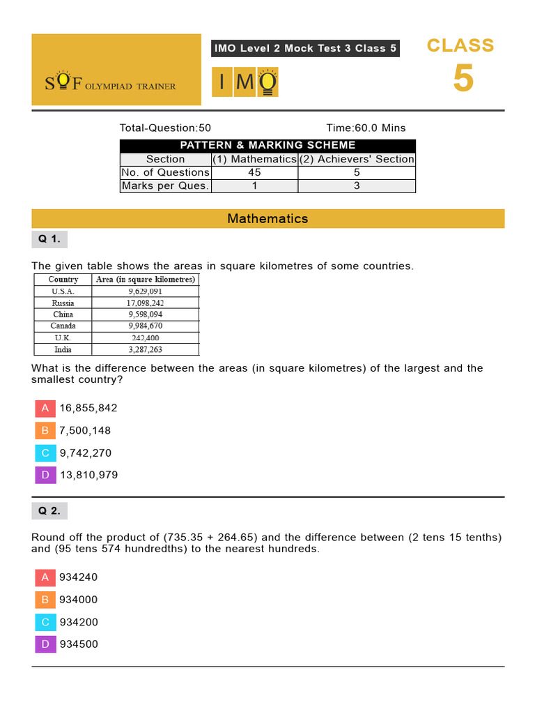 IMO Level2 Mock3 Class5 | PDF | Multiple Choice
