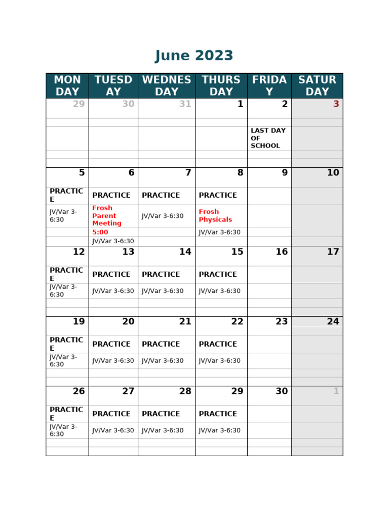 June-July 2023 Sports Practice Schedule | PDF