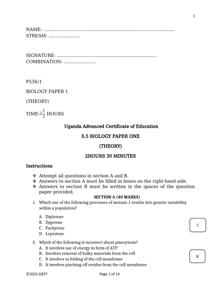 S.5 Biology Paper 1 Theory Exam Guide | PDF | Cellular Respiration ...