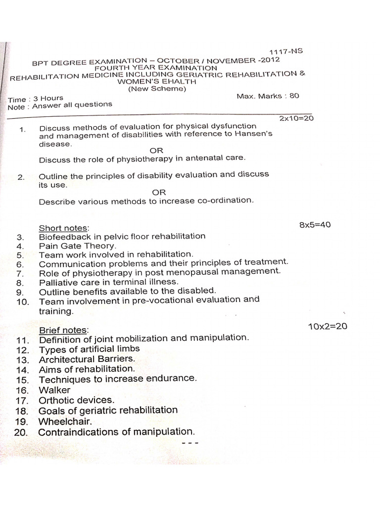 Rehabilitation Previous Years Question Papers | PDF