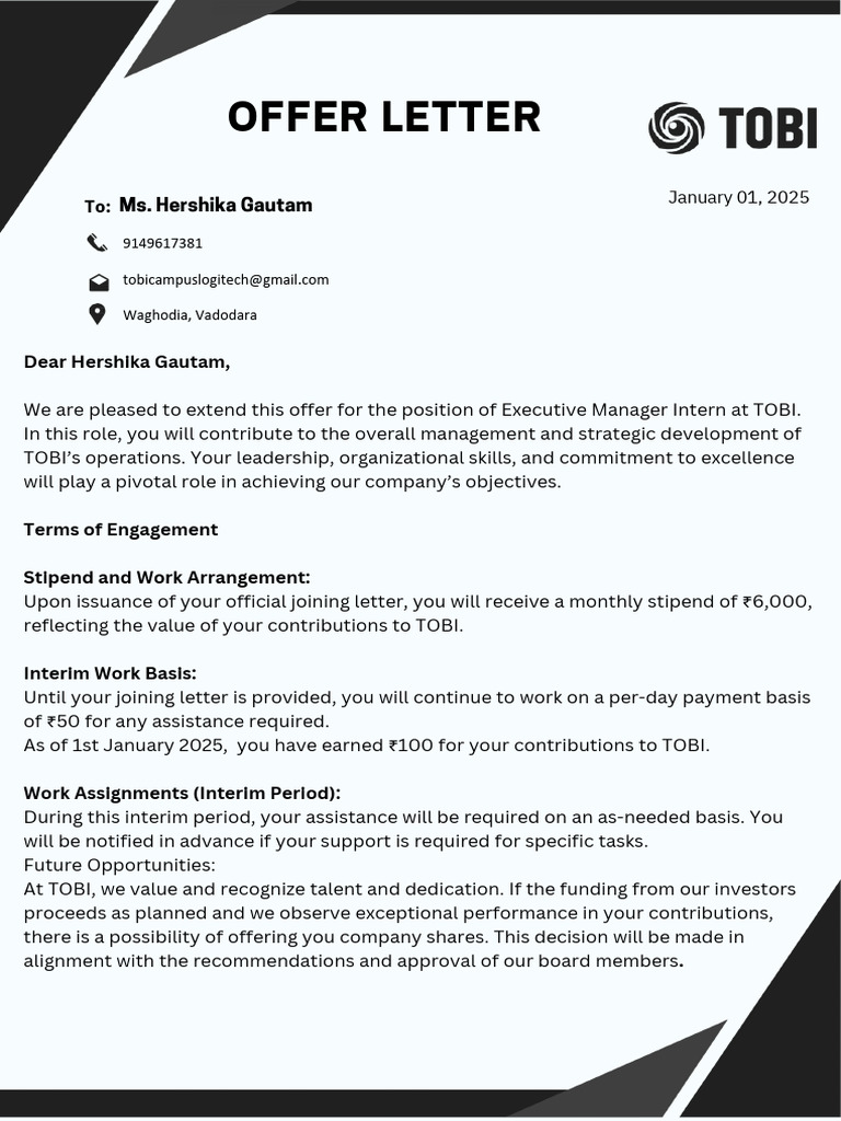 Ms. Tanvi Singh Offer Letter | PDF | Business Economics | Social Psychology