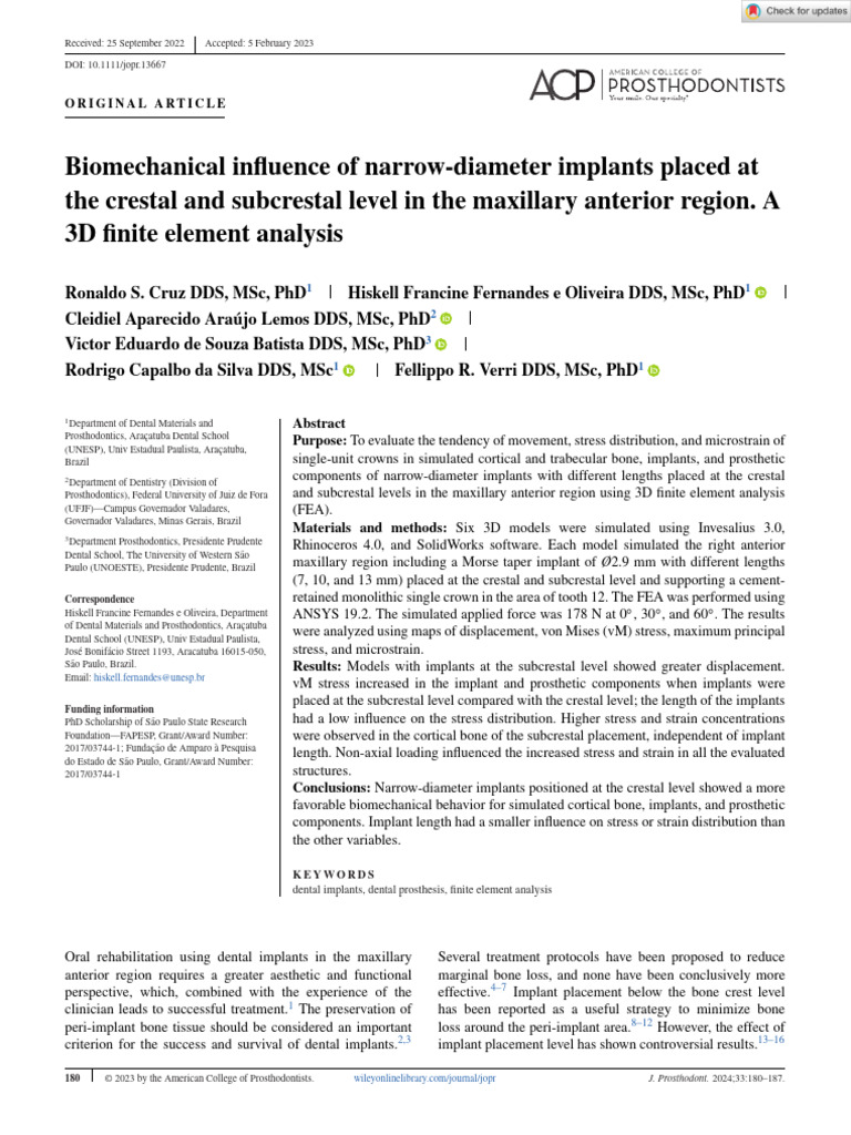 Journal of Prosthodontics - 2023 - Cruz - Biomechanical Influence of ...