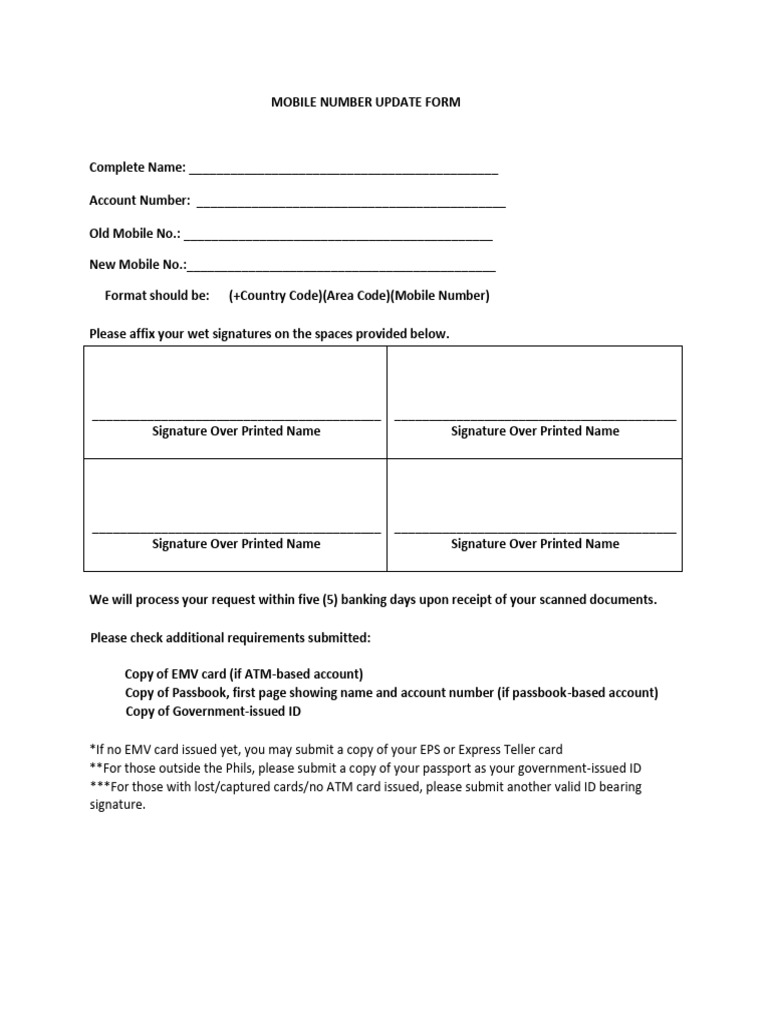 Mobile Number Update Signed Form | PDF