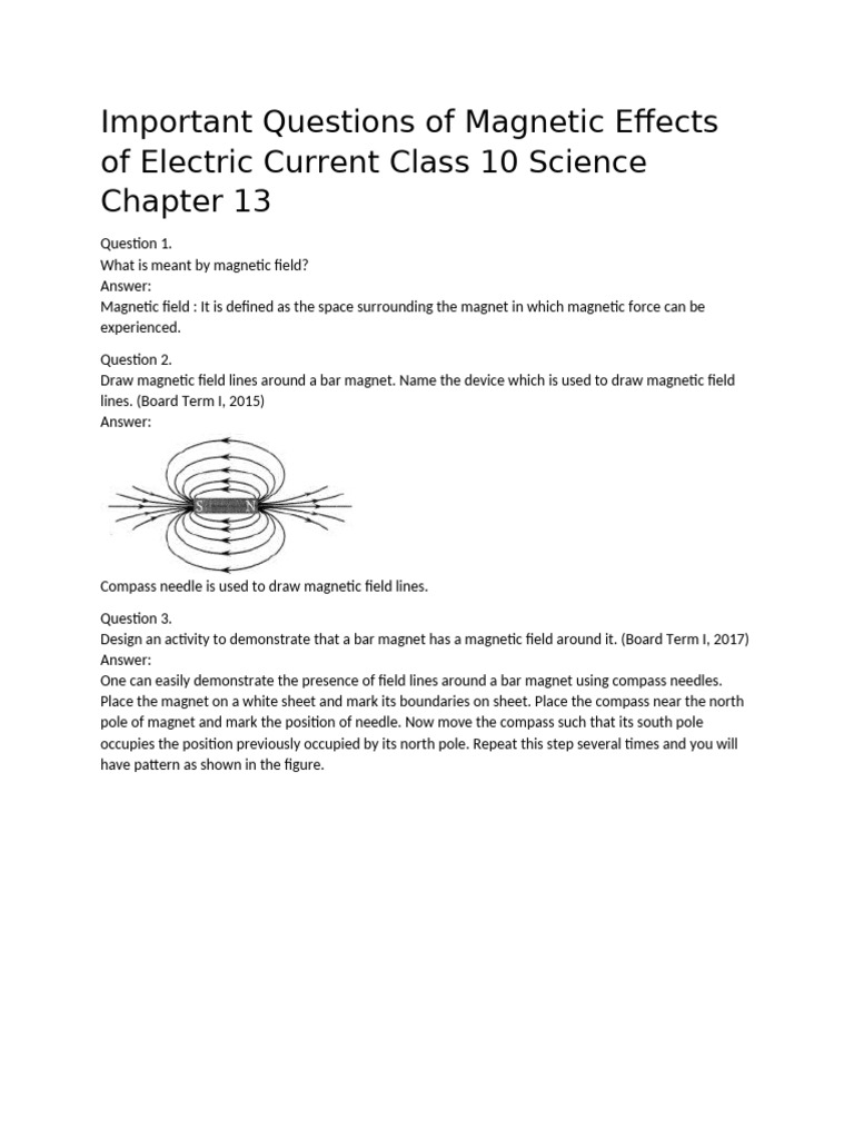Important Questions of Magnetic Effects of Electric Current Class 10 Science Chapter 13 | PDF ...