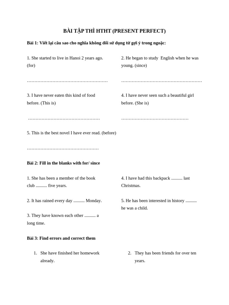 BÀI TẬP THÌ HTHT | PDF