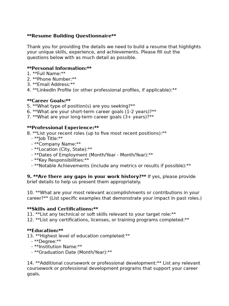 Resume Building Questionnaire Guide | PDF