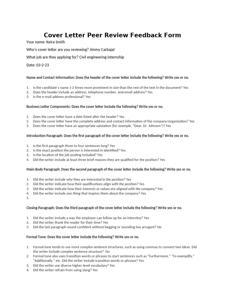 Cover Letter Peer Review Form | PDF | Human Communication | Linguistics