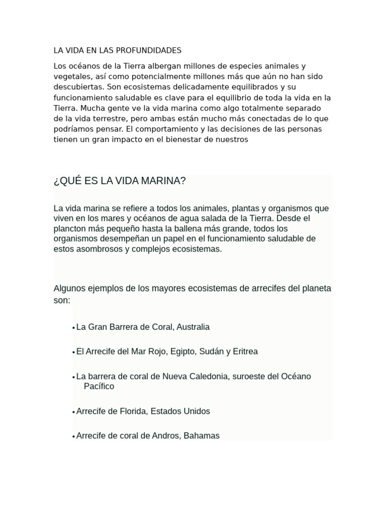 La vida en El oceano | PDF | Mar | Arrecife de coral