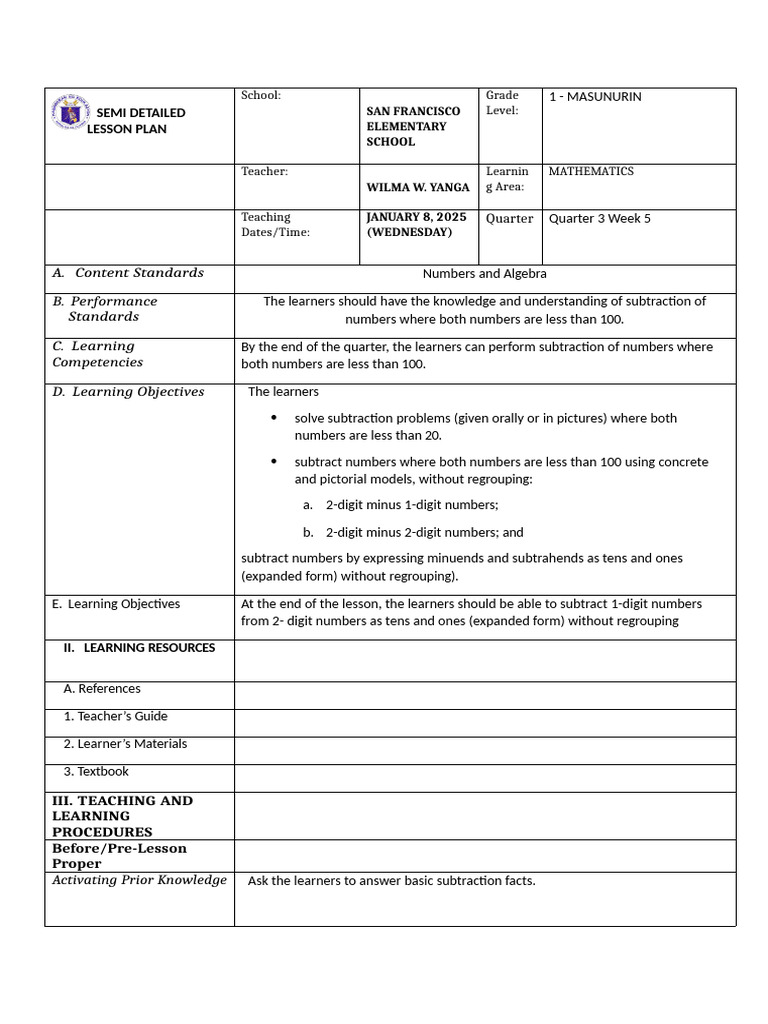 Semi Detailedlp G1mathq3w5d2 | PDF | Subtraction | Mathematics