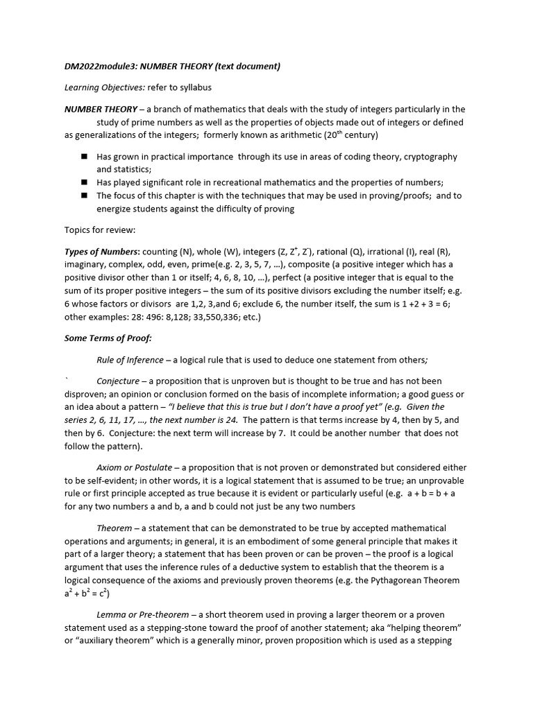 DM2022 Module 3 NUMBERTHEORYtextpdf | PDF | Mathematical Proof | Theorem