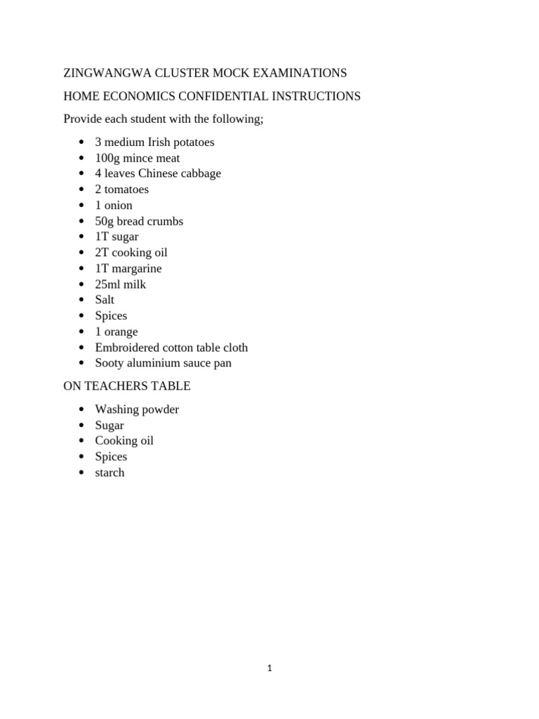Home Economics Mock Exam Instructions | PDF