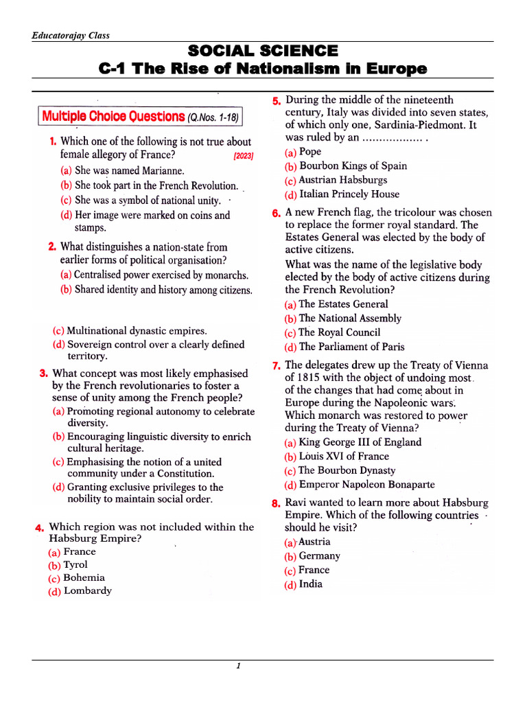 EA PS-1 10th Social (C-1 The Rise of Nationalism in Europe) | PDF