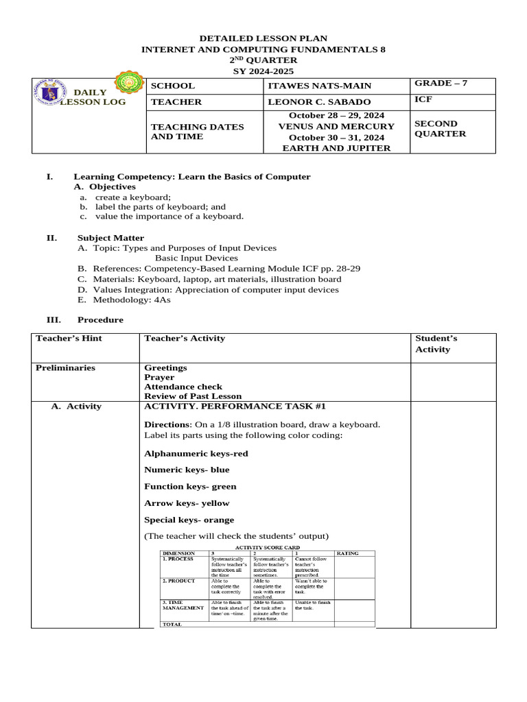 DETAILED LESSON PLAN PERFORMANCE INPUT DEVICES | PDF | Computer Keyboard | Lesson Plan