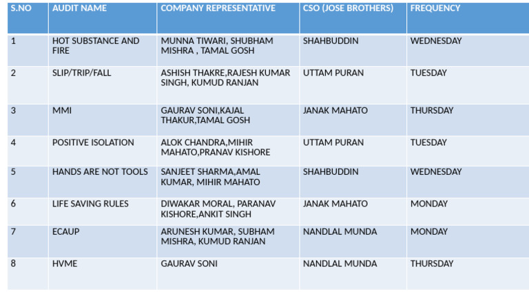 Weekly Audit Schedule | PDF
