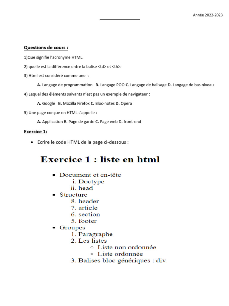 Questions et exercices sur HTML 2023 | PDF