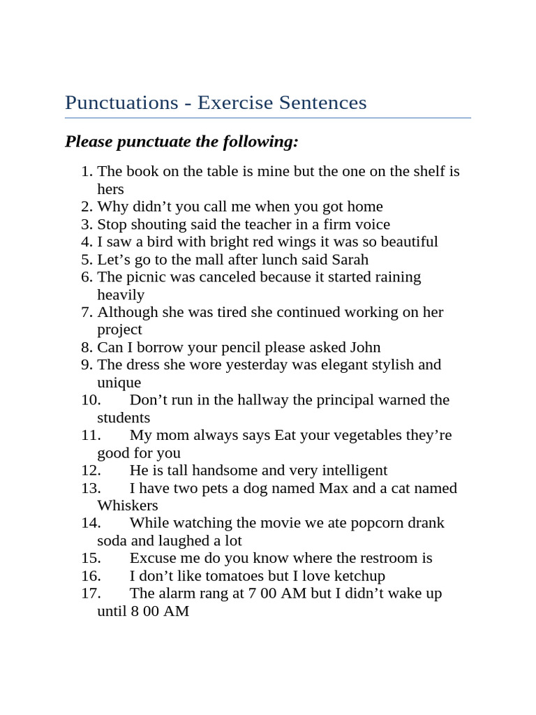 Punctuations - Exercise Sentences 14 Jan 2025 | PDF