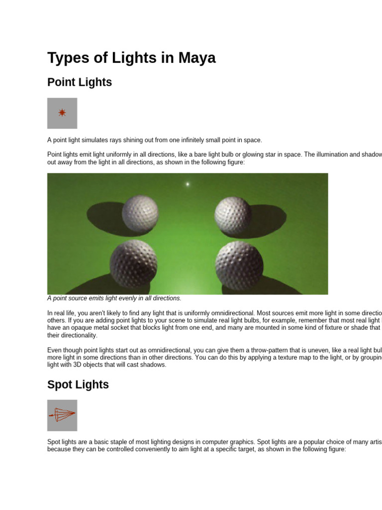 Types of Lights in Maya Explained | PDF | Light | Shadow