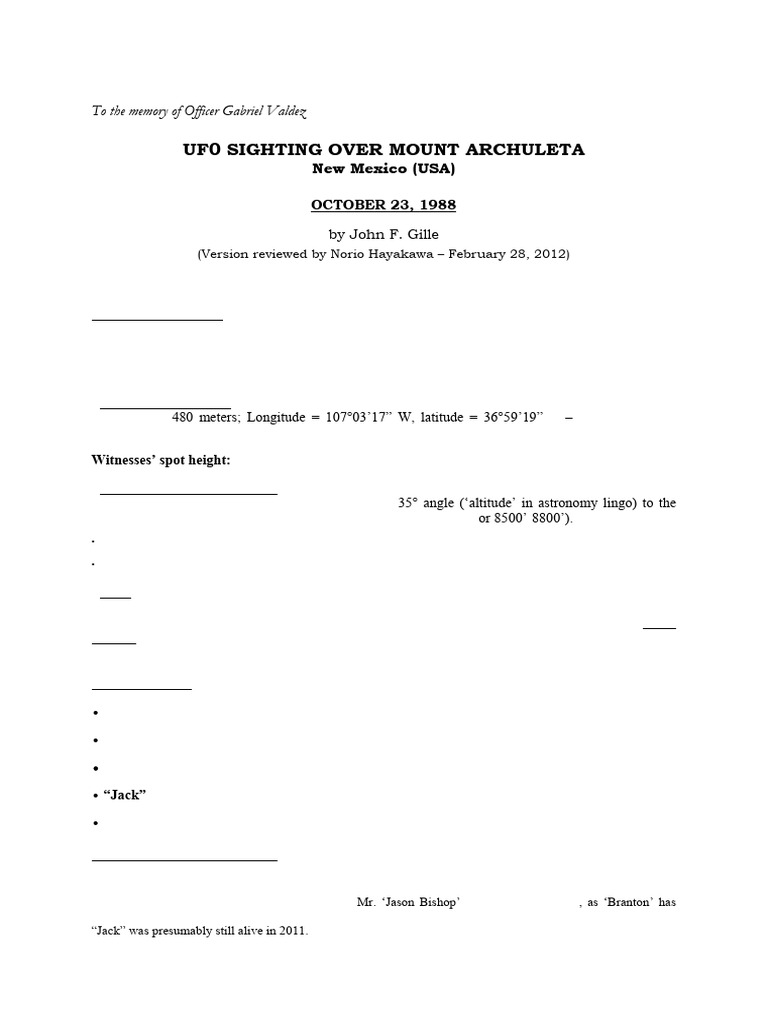 UFO Sighting Report: Mount Archuleta 1988 | PDF | Unidentified Flying ...