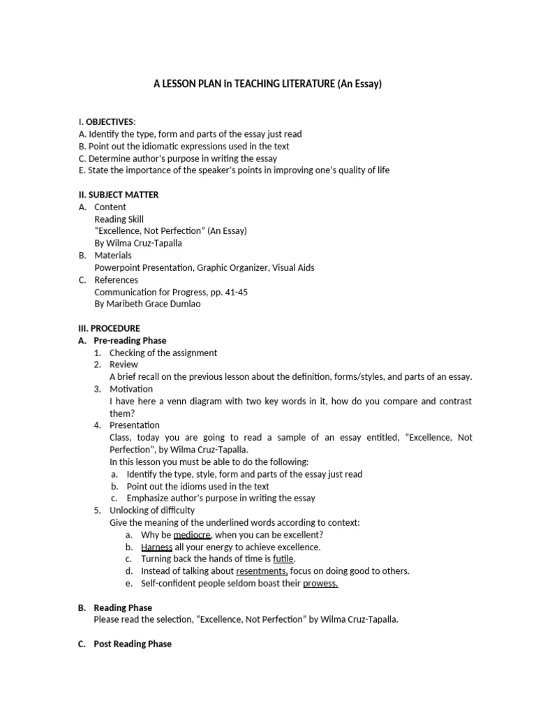 Sample Lesson Plan in Teaching Literature | PDF | Essays | Lesson Plan