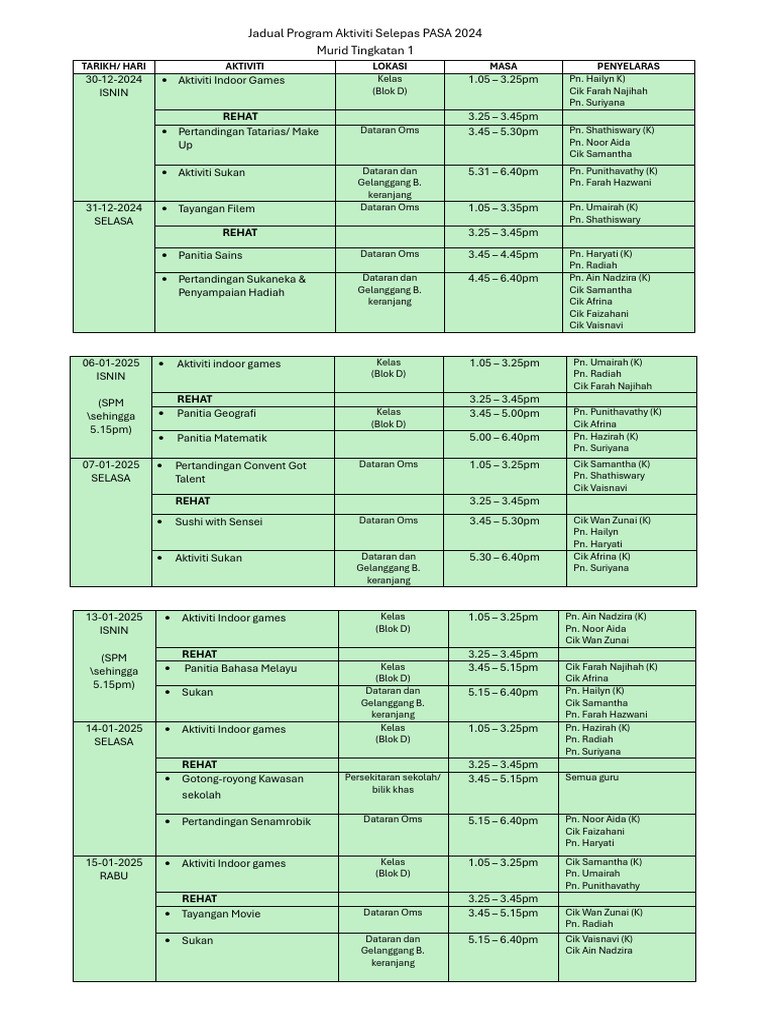 Rehat: Jadual Program Aktiviti Selepas PASA 2024 Murid Tingkatan 1 | PDF
